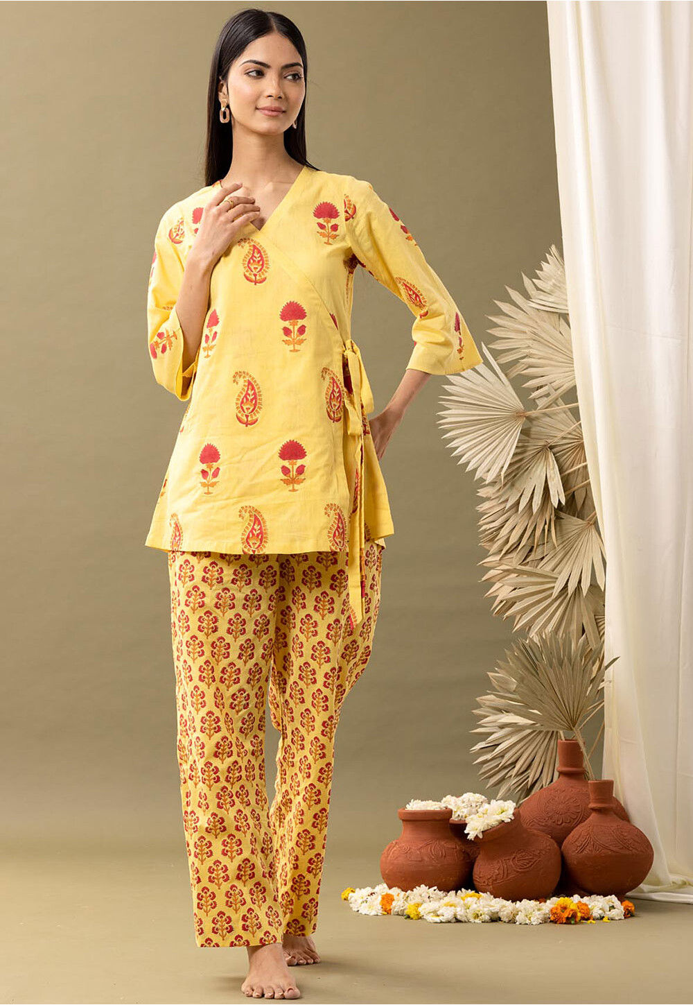 Buy Printed Cotton Cambric Wrap Around Tunic Set in Yellow Online ...
