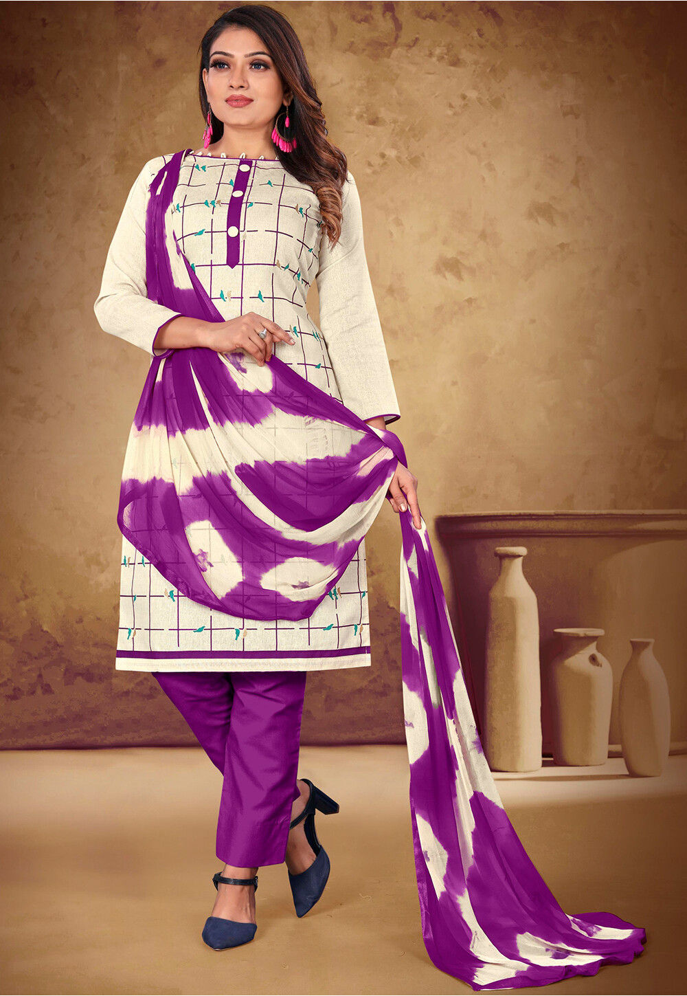 Printed Cotton Pakistani Suit in Off White : KJC1840