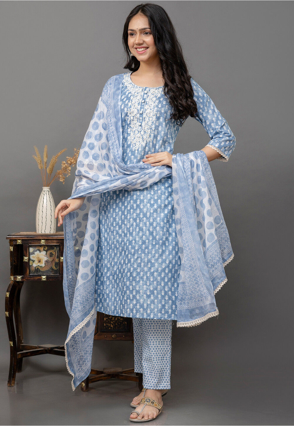 Buy Printed Cotton Pakistani Suit in Sky Blue Online : KJC4088 - Utsav ...