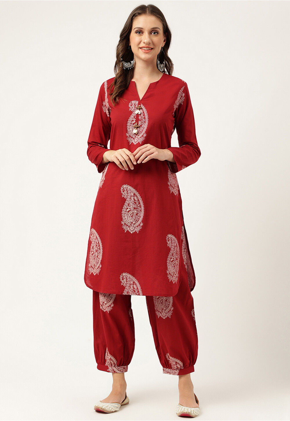 Buy Printed Cotton Punjabi Suit in Maroon Online : KJX135 - Utsav Fashion