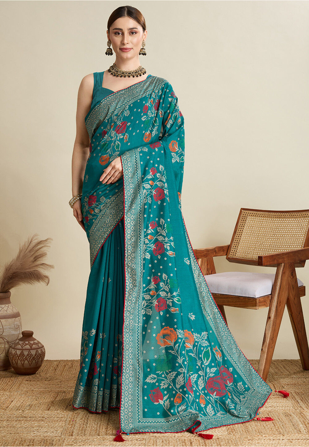 Buy Printed Cotton Saree in Teal Blue Online : SPF15054 - Utsav Fashion
