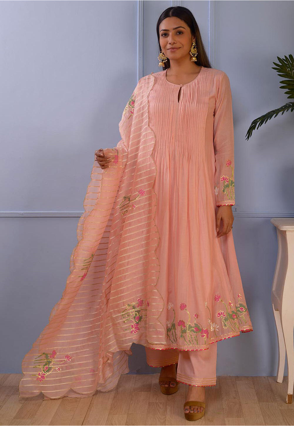 Buy Printed Cotton Silk Aline Suit in Peach Online : KBU176 - Utsav Fashion