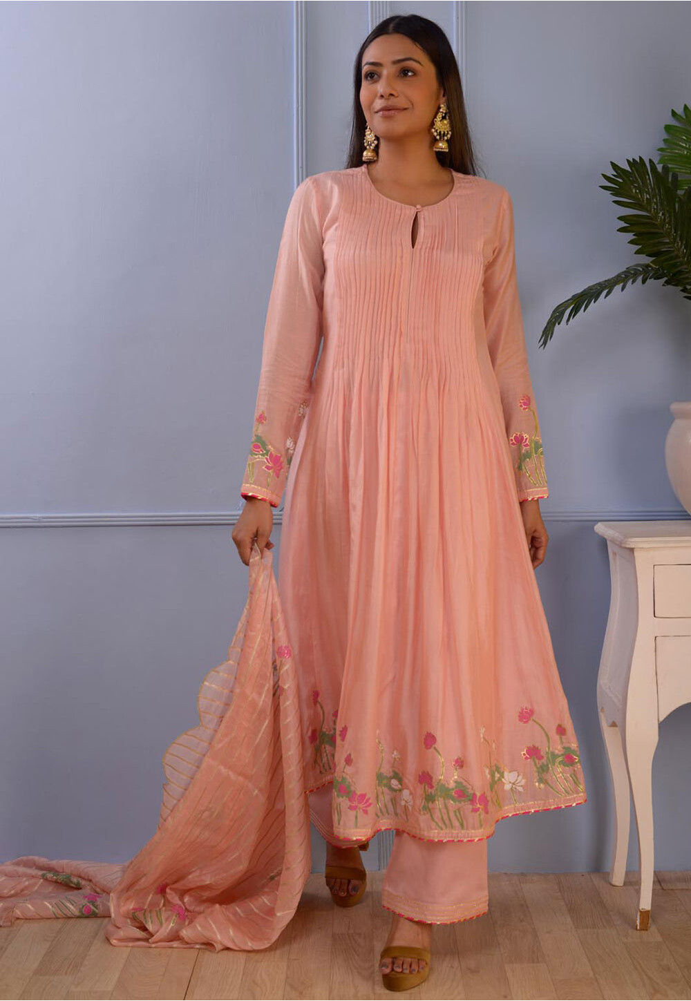 Buy Printed Cotton Silk Aline Suit in Peach Online : KBU176 - Utsav Fashion
