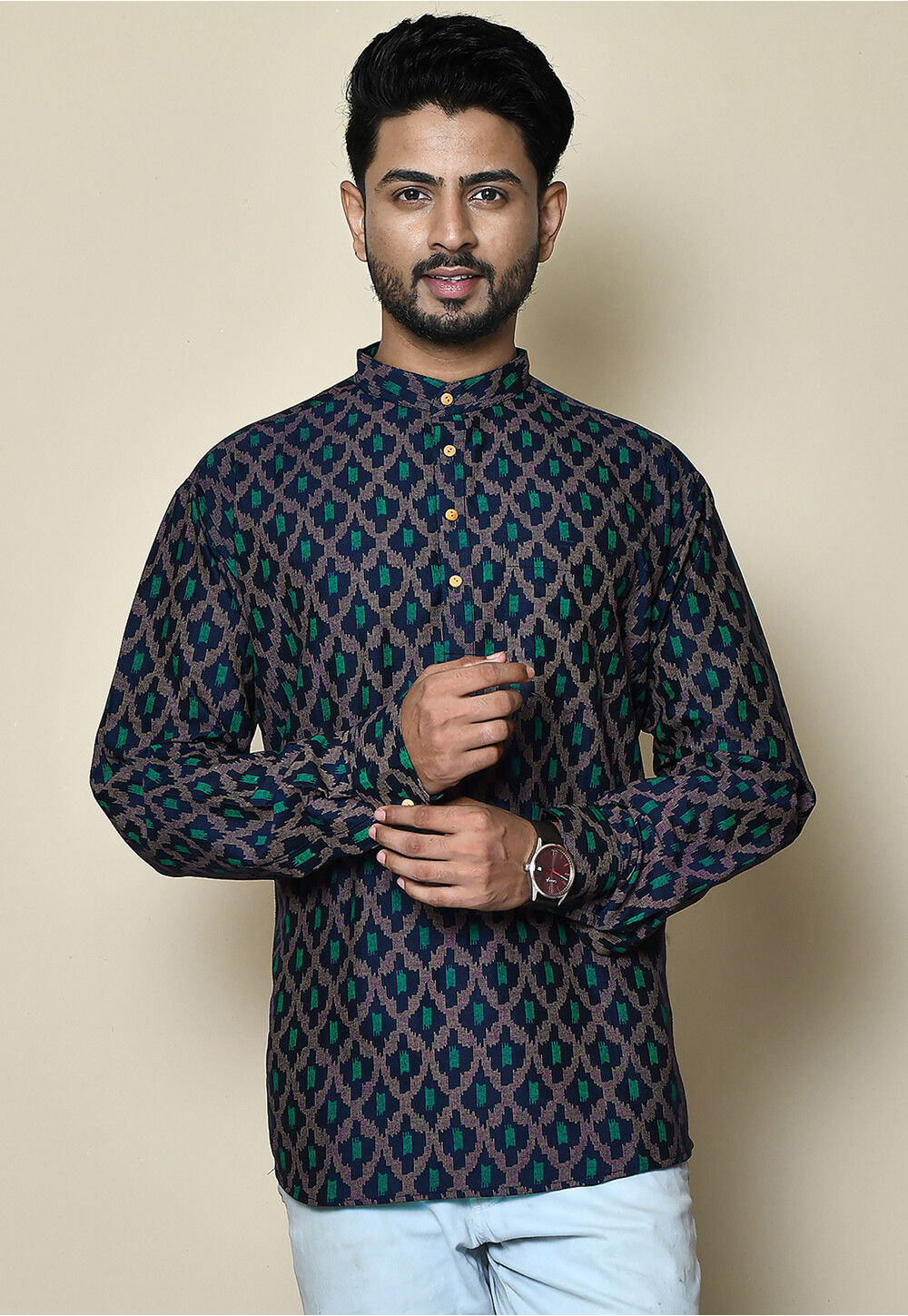 Buy Printed Cotton Silk Short Kurta in Navy Blue Online : MNT192 ...
