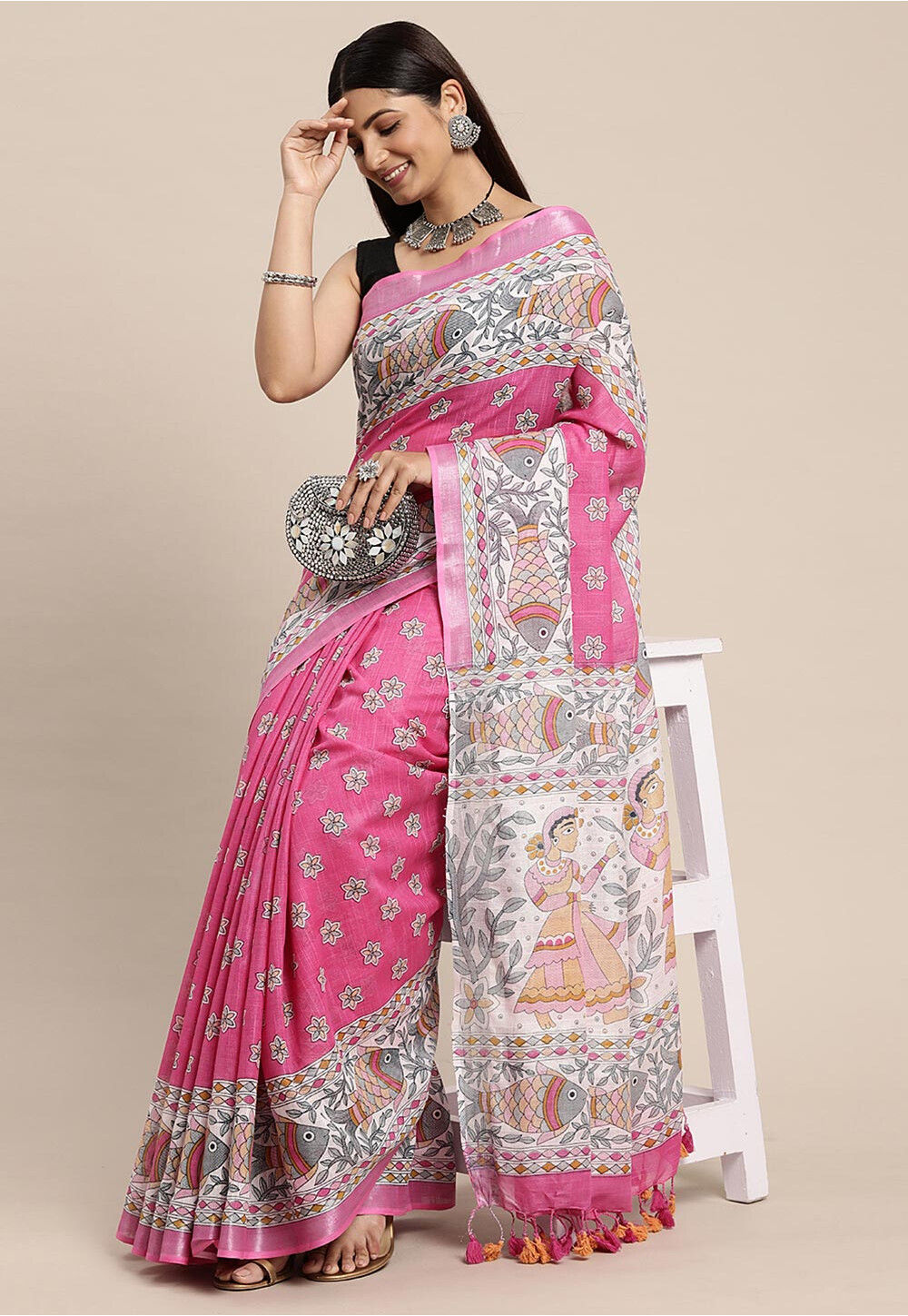 Buy Printed Cotton Slub Saree in Pink Online : SUG829 - Utsav Fashion
