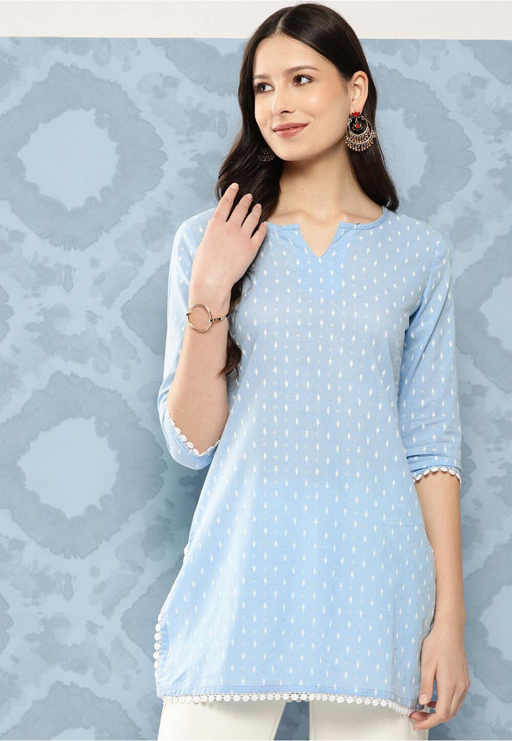 Buy Printed Cotton Straight Kurti in Sky Blue Online : TUV458 - Utsav Fashion