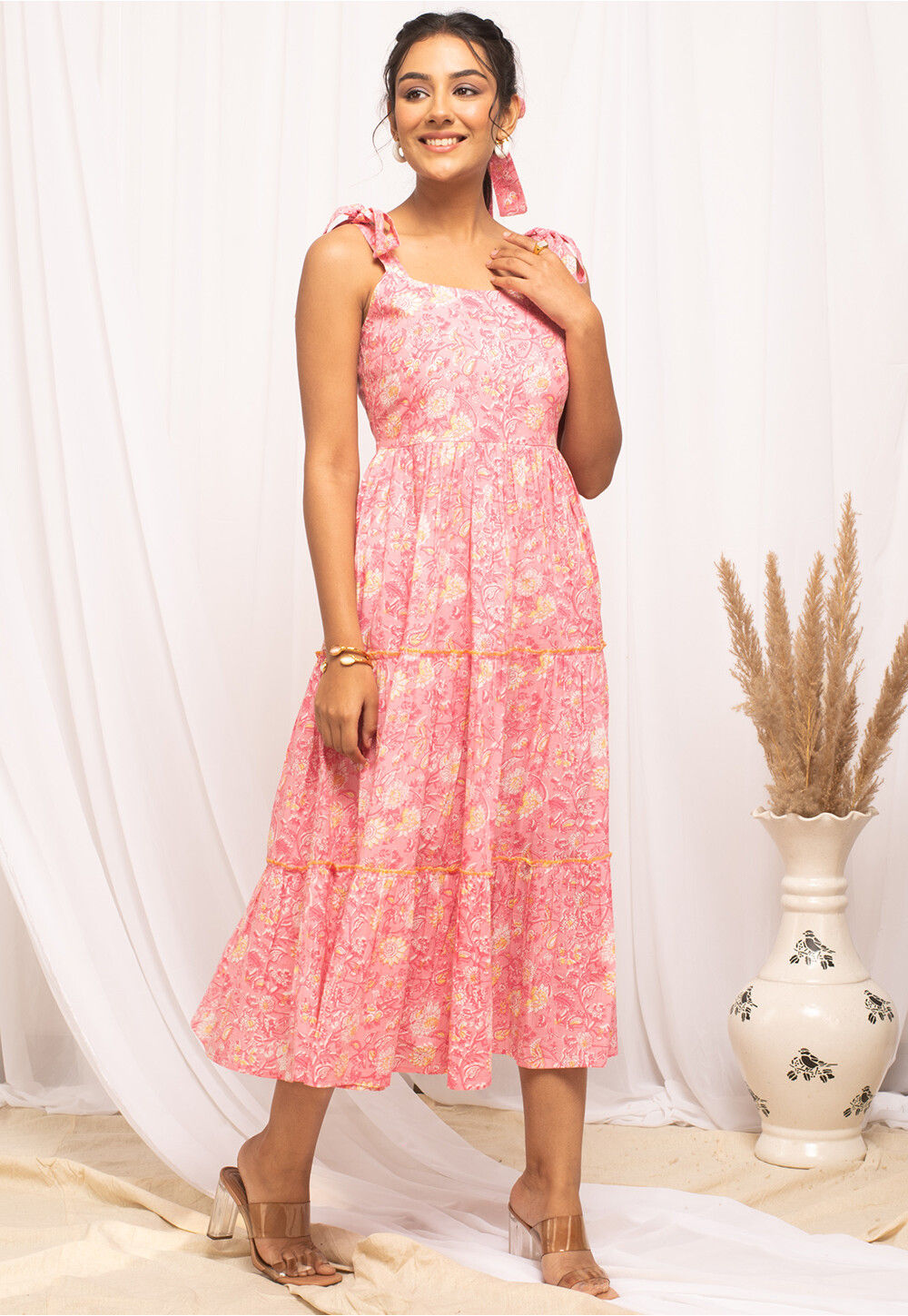 Buy Printed Cotton Tiered Dess in Peach Online : TPA3376 - Utsav Fashion