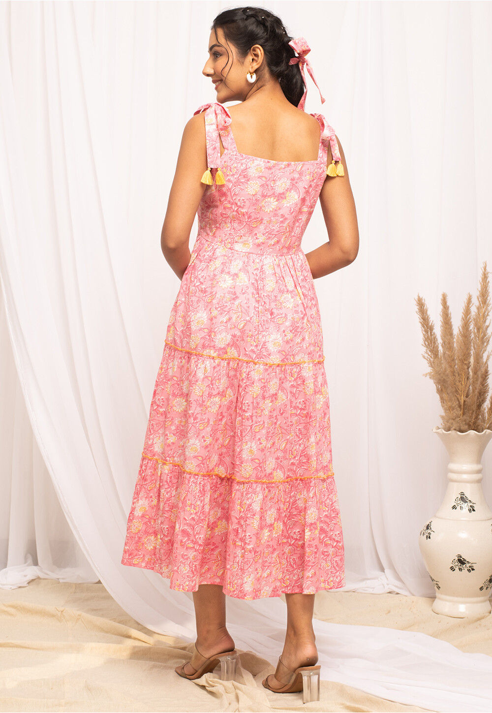 Buy Printed Cotton Tiered Dess in Peach Online : TPA3376 - Utsav Fashion