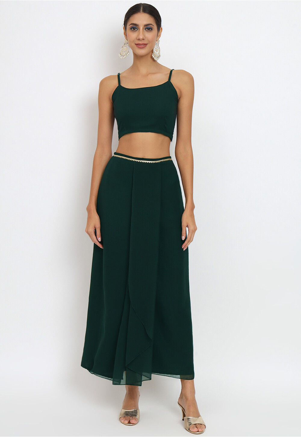 Buy Printed Georgette Crop Top Set with Jacket in Dark Green Online ...