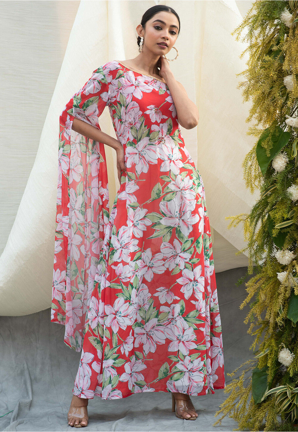 Buy Printed Georgette Maxi Dress in Red Online : TZT71 - Utsav Fashion
