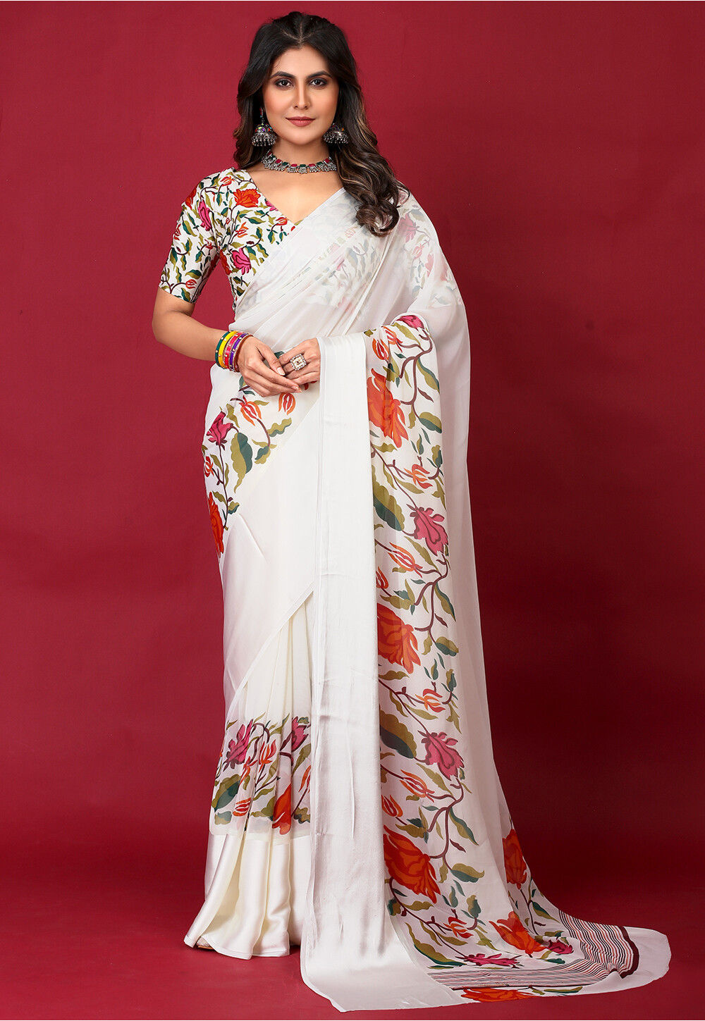 Buy Printed Georgette Saree in White Online : SEW15405 - Utsav Fashion