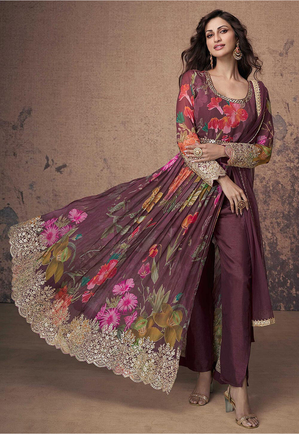 Buy Printed Georgette Side Slit Abaya Style Suit in Wine Online ...