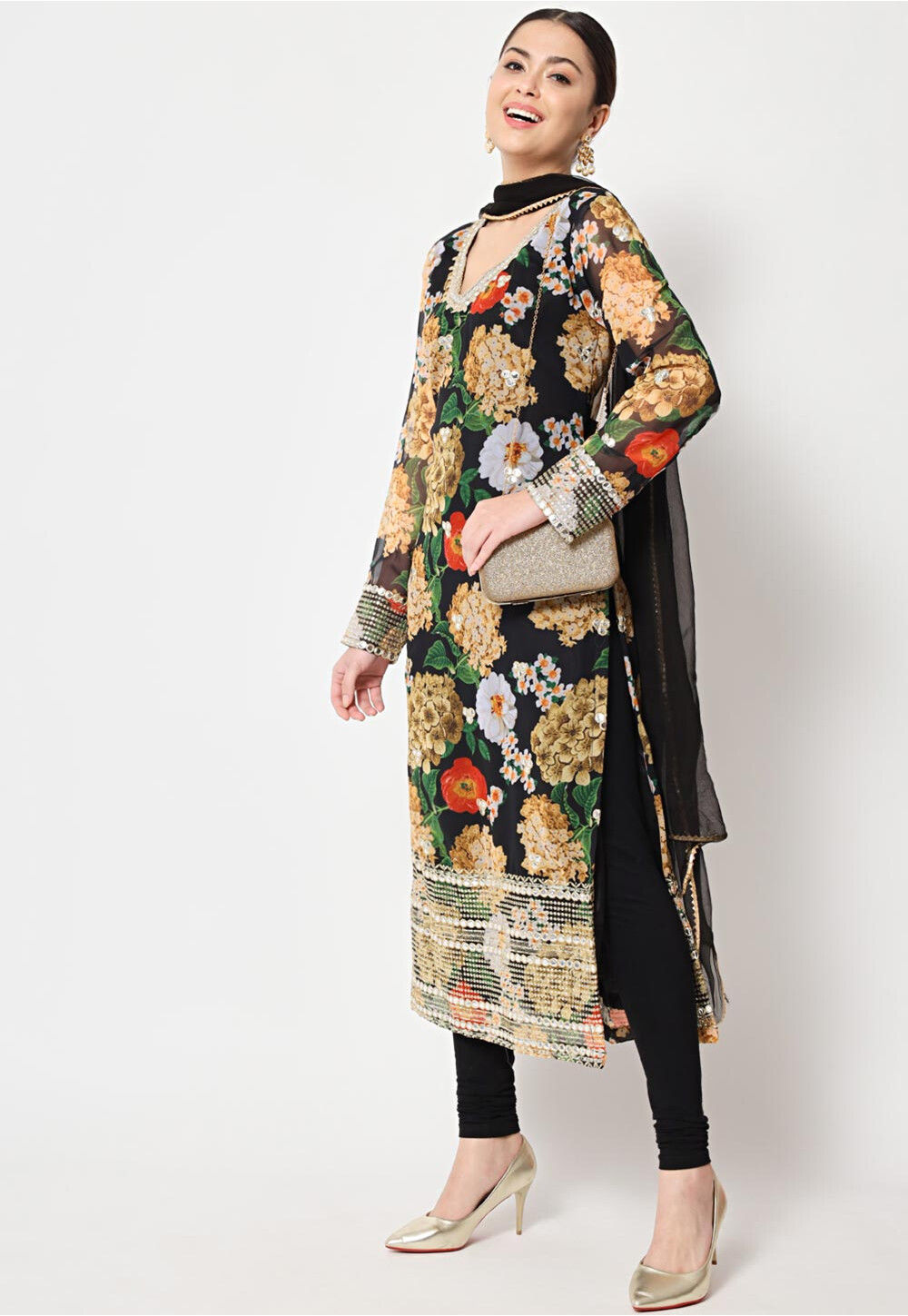 Buy Printed Georgette Straight Suit in Black Online : KNV431 - Utsav ...