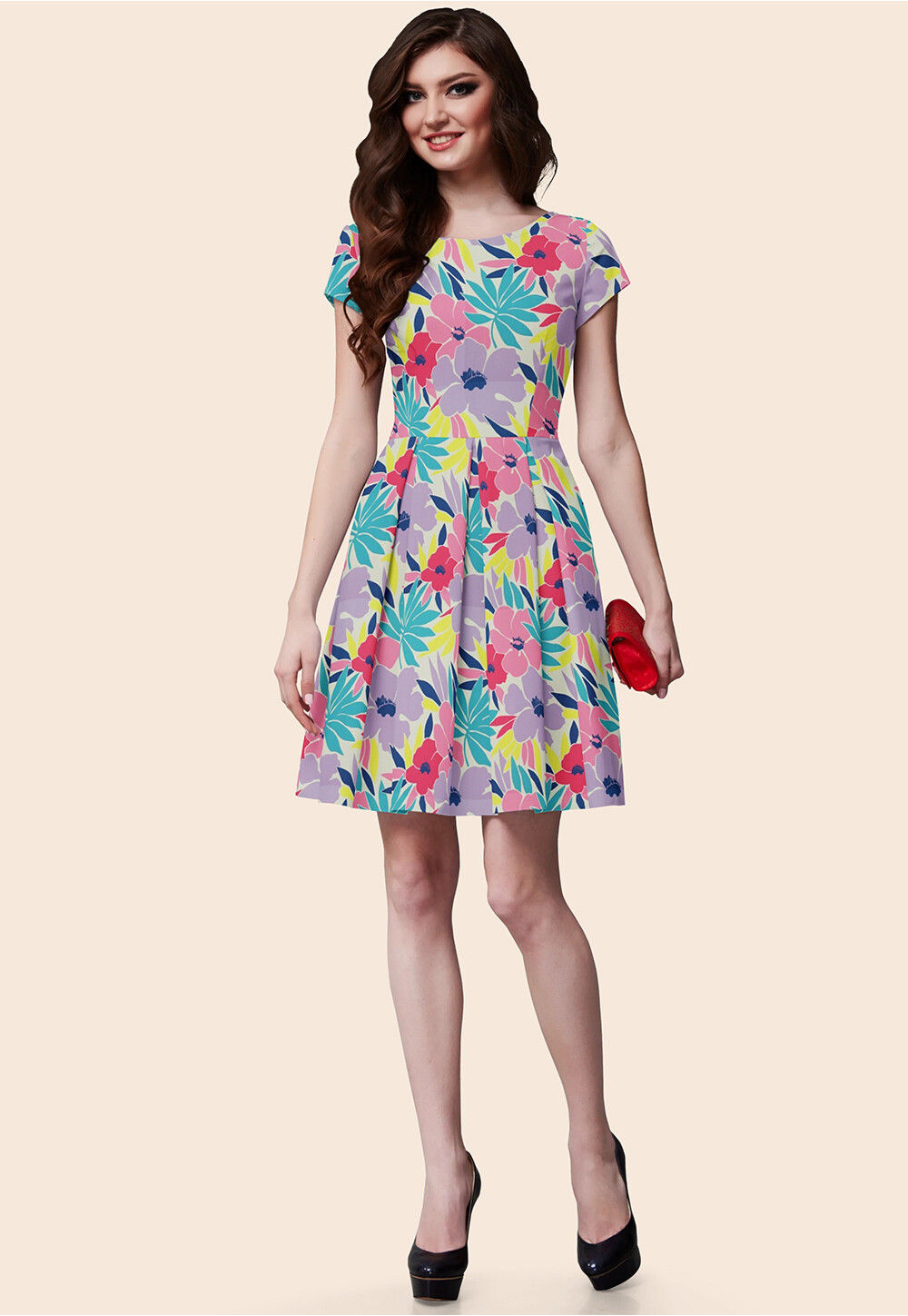 Printed Modal Satin Aline Dress in Multicolor : TJW2270