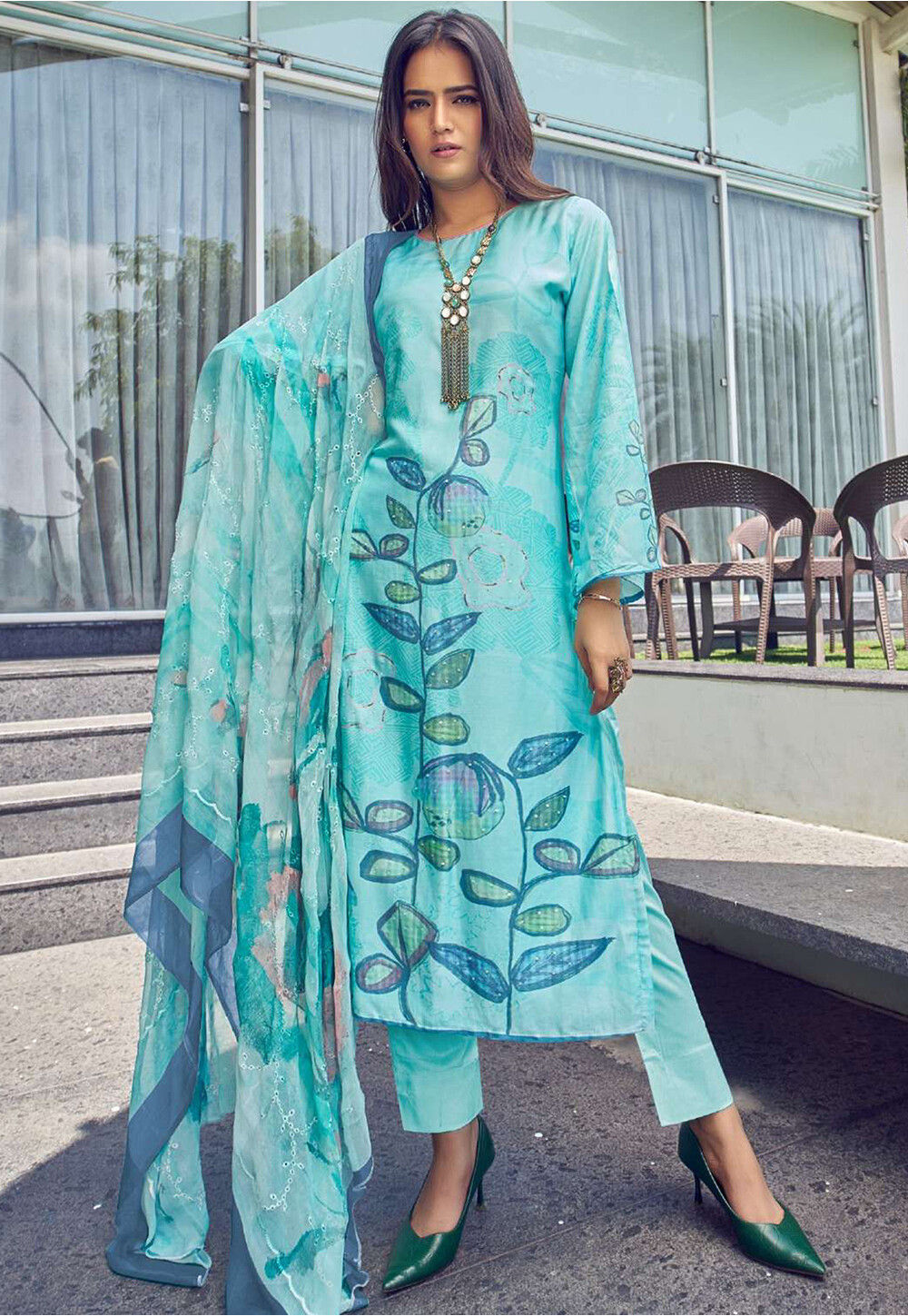 Buy Printed Muslin Silk Pakistani Suit in Turquoise Online : KPV1873 ...