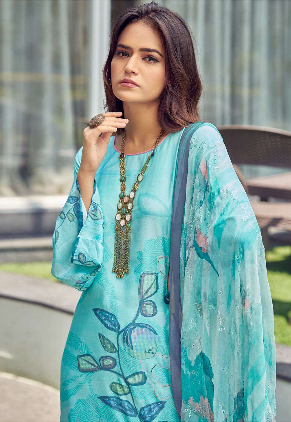 Buy Printed Muslin Silk Pakistani Suit in Turquoise Online : KPV1873 ...