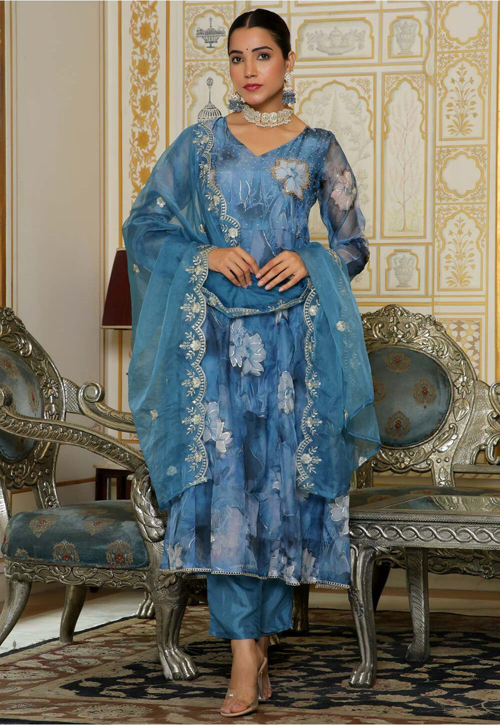 Buy Printed Organza Anarkali Suit In Blue Online Kjn4636 Utsav Fashion