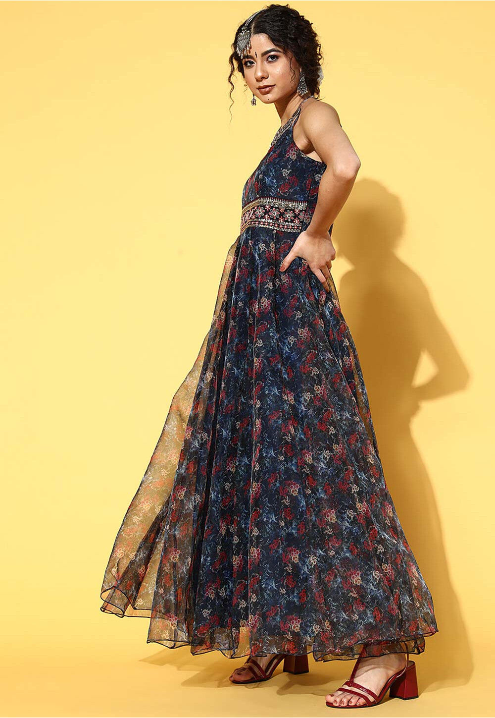 Buy Printed Organza Flared Dress in Navy Blue Online : TXR1049 - Utsav ...