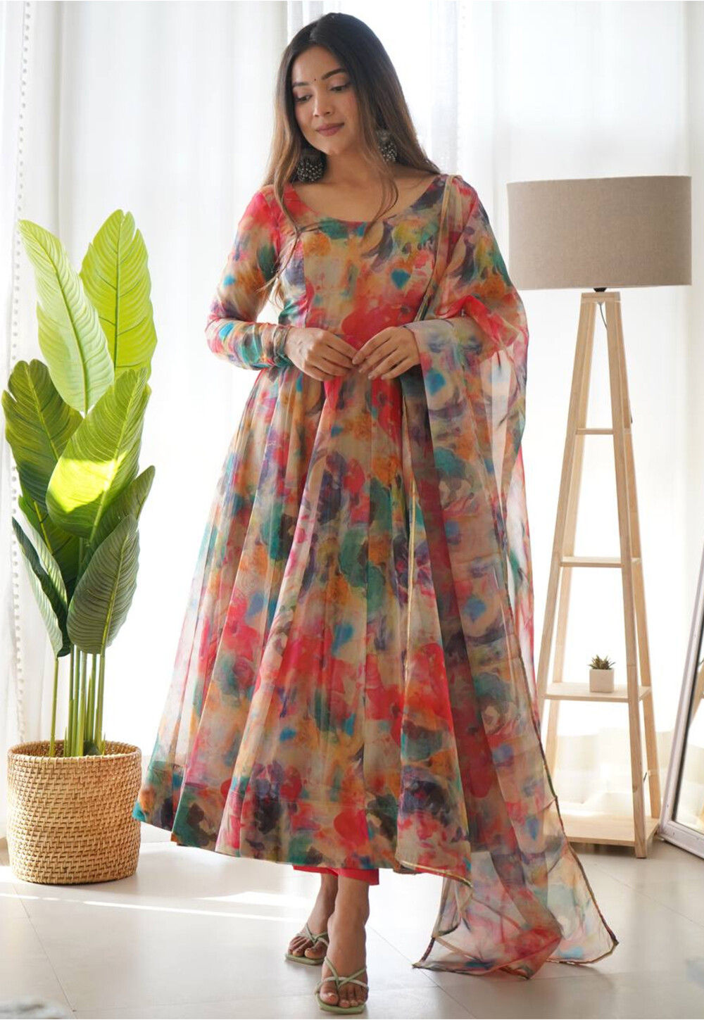 Buy Printed Organza Silk Anarkali Suit in Multicolor Online : KBNQ5545 ...