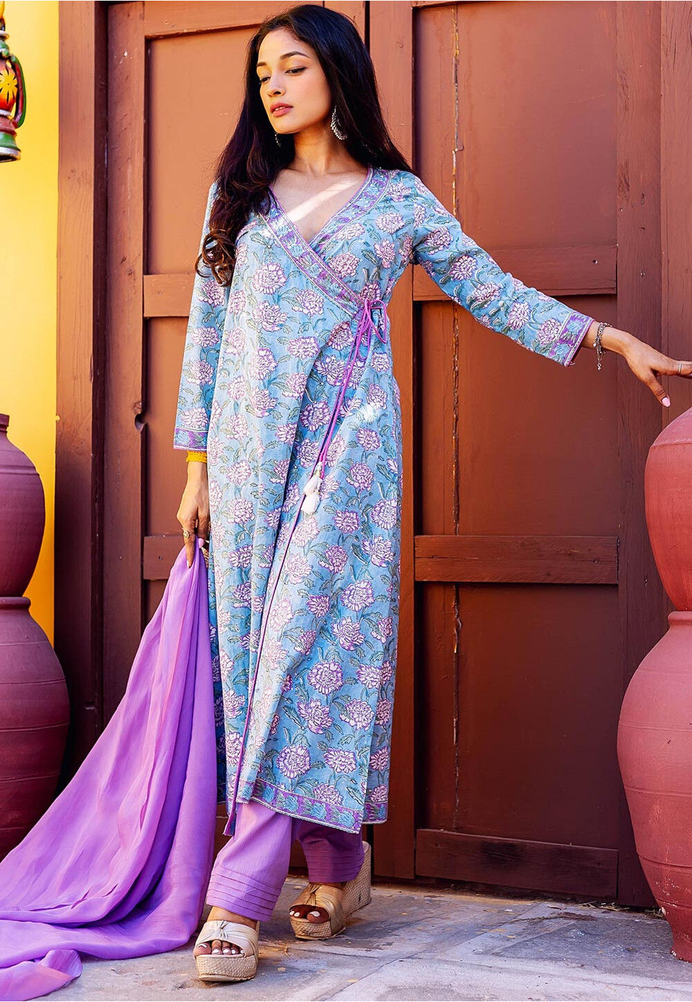 Buy Printed Pure Cotton A Line Suit in Blue Online : KMQS195 - Utsav ...