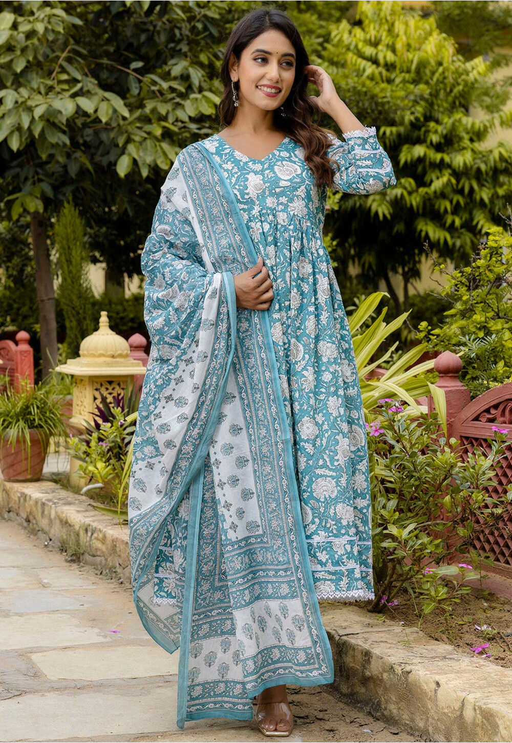 Buy Printed Pure Cotton A Line Suit in Blue Online : KTF954 - Utsav Fashion