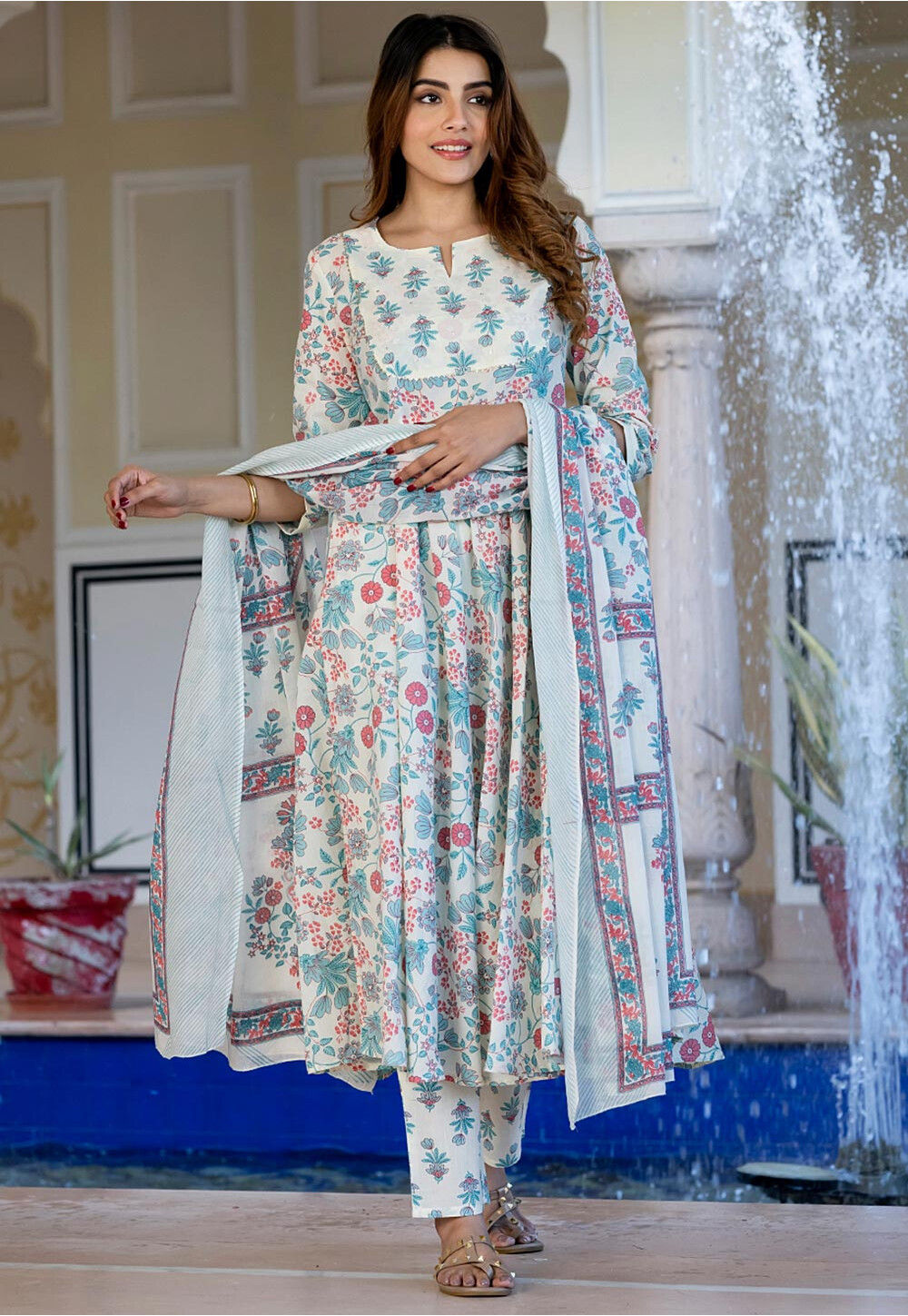 Buy Printed Pure Cotton A Line Suit in Cream Online : KXN105 - Utsav ...