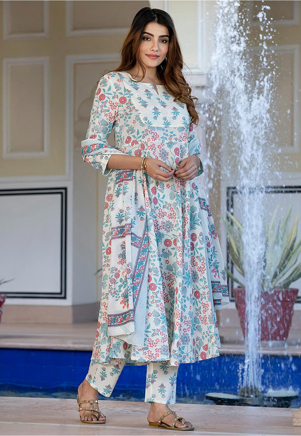 Buy Printed Pure Cotton A Line Suit in Cream Online : KXN105 - Utsav ...