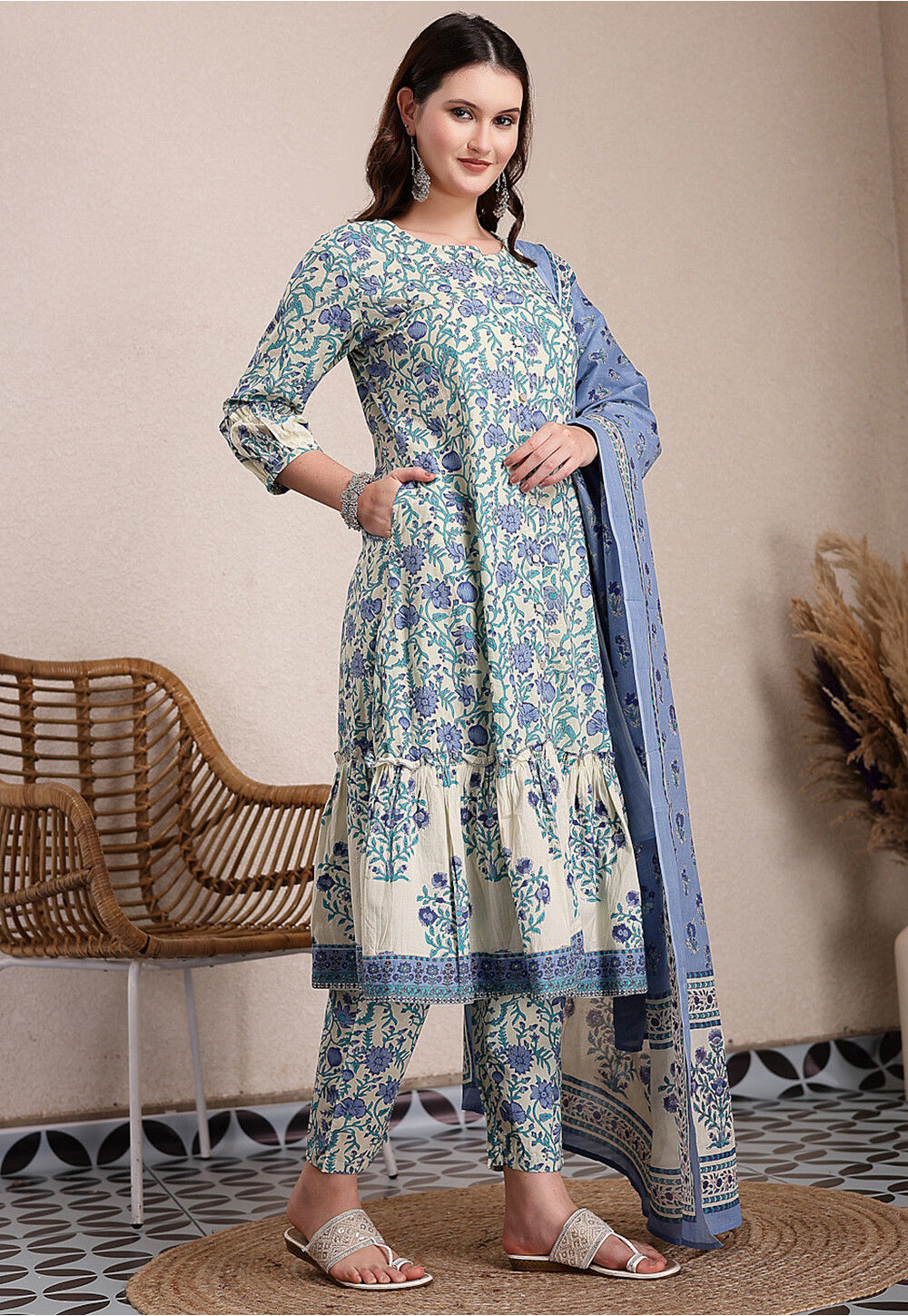 Buy Printed Pure Cotton A Line Suit in Light Beige Online : KJL2253 ...