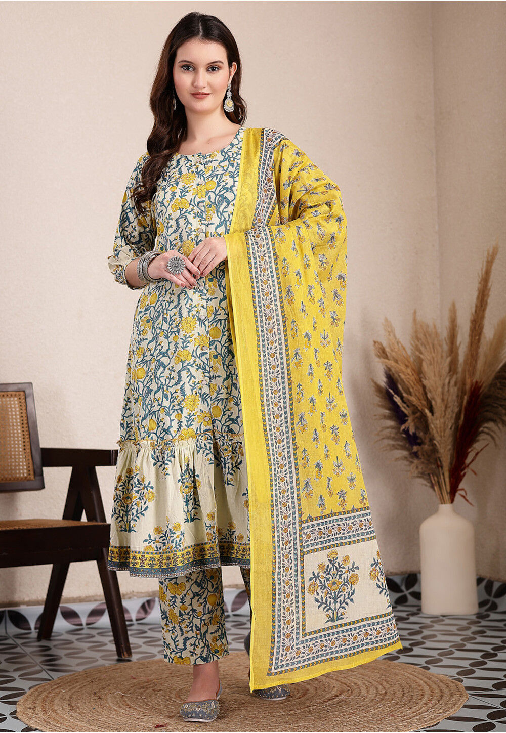 Buy Printed Pure Cotton A Line Suit in Light Beige Online : KJL2254 ...
