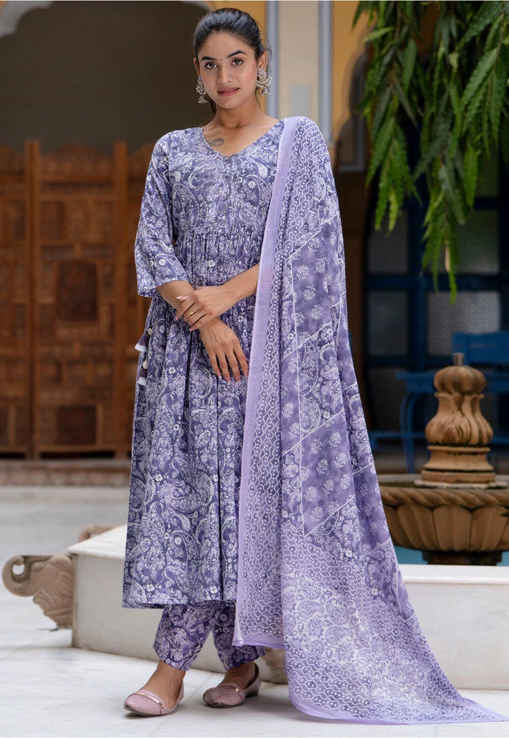 Buy Printed Pure Cotton A Line Suit in Light Purple Online : KTF951 ...