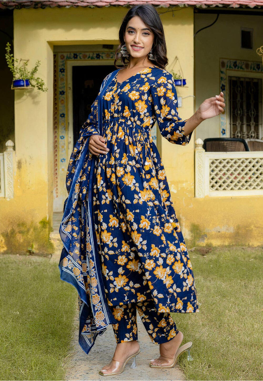 Buy Printed Pure Cotton A Line Suit in Navy Blue Online : KTF956 ...