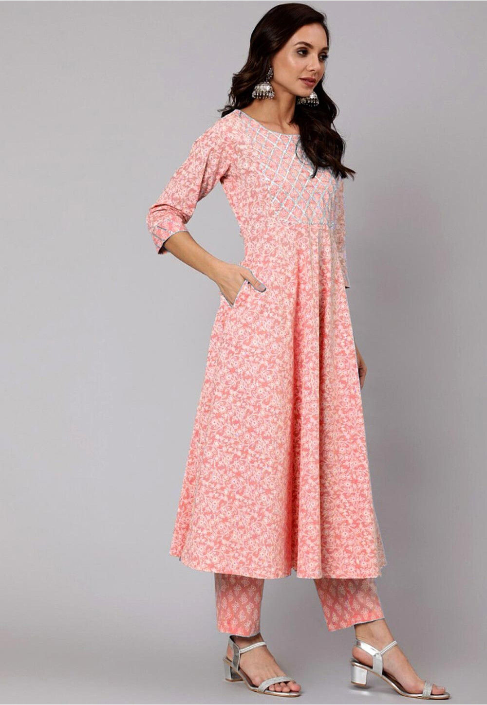 Printed Pure Cotton A Line Suit in Peach : KPX76