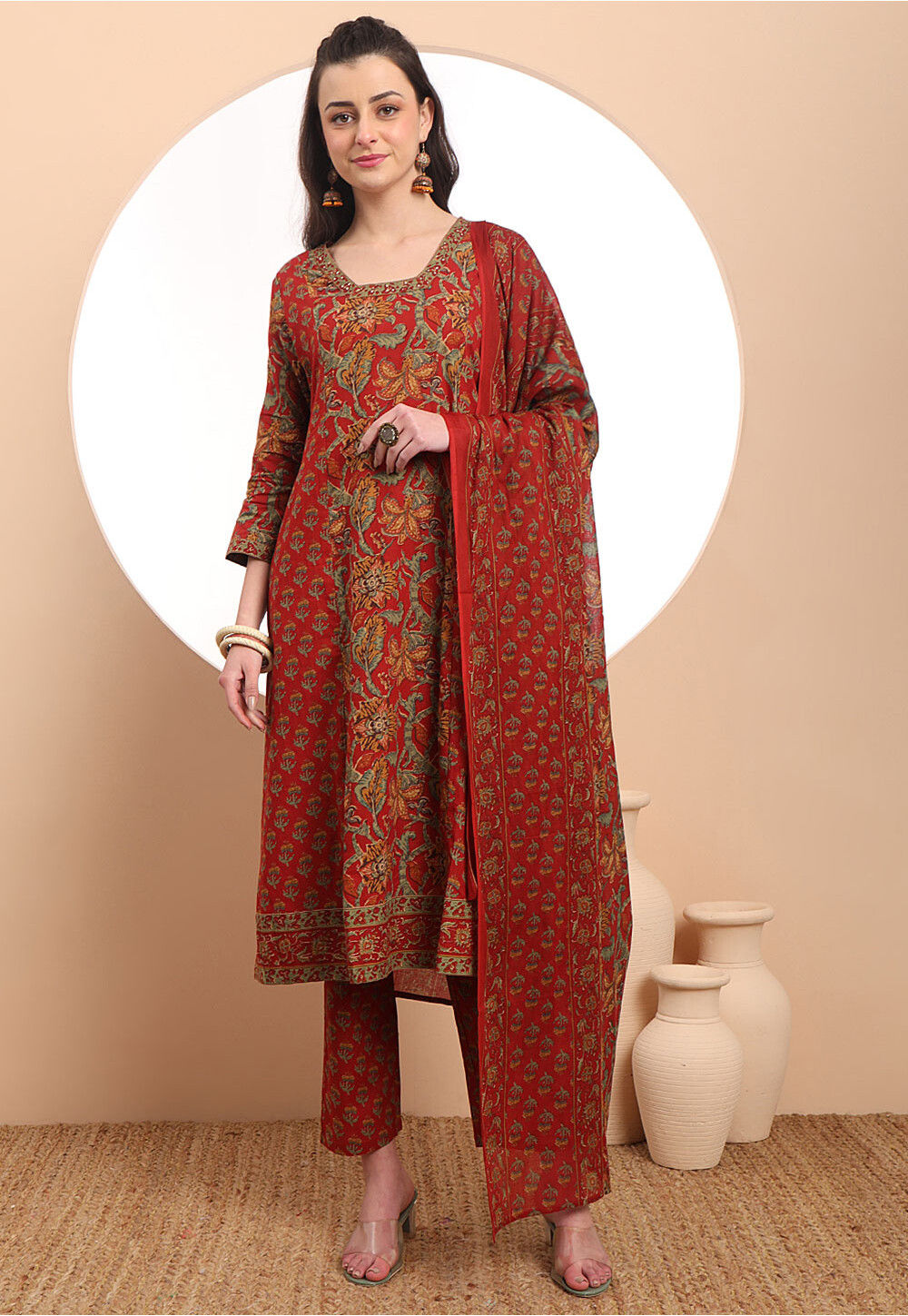 Buy Printed Pure Cotton A Line Suit in Red Online : KJL2110 - Utsav Fashion