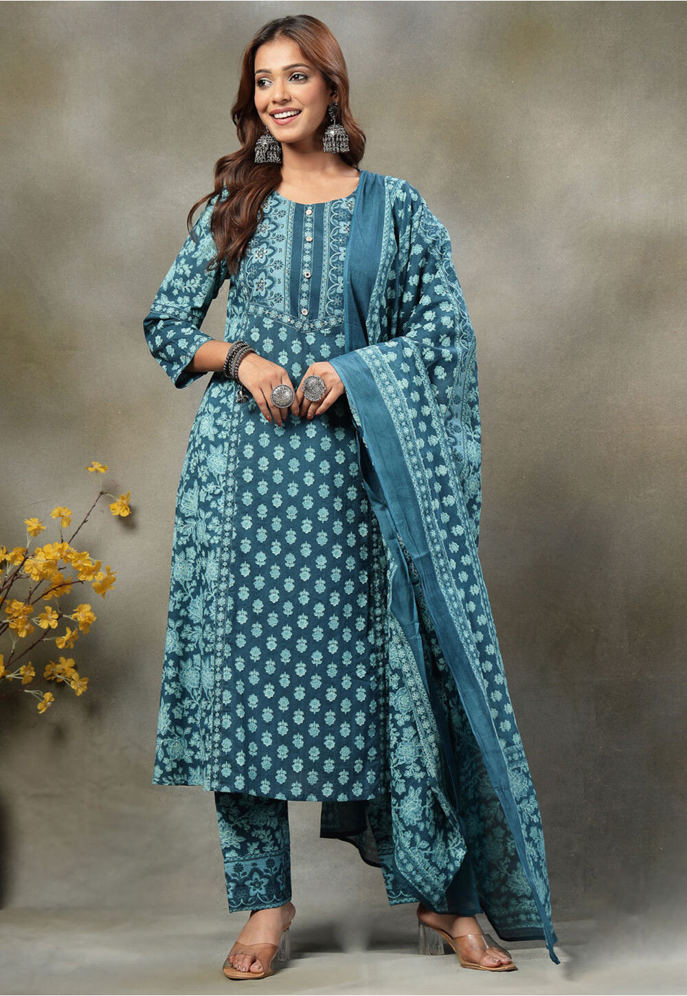 Buy Printed Pure Cotton A Line Suit in Teal Blue Online : KJL2497 ...