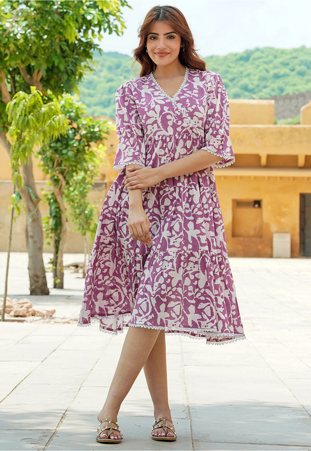 Buy Printed Pure Cotton Aline Dress in Purple Online : THM102 - Utsav ...
