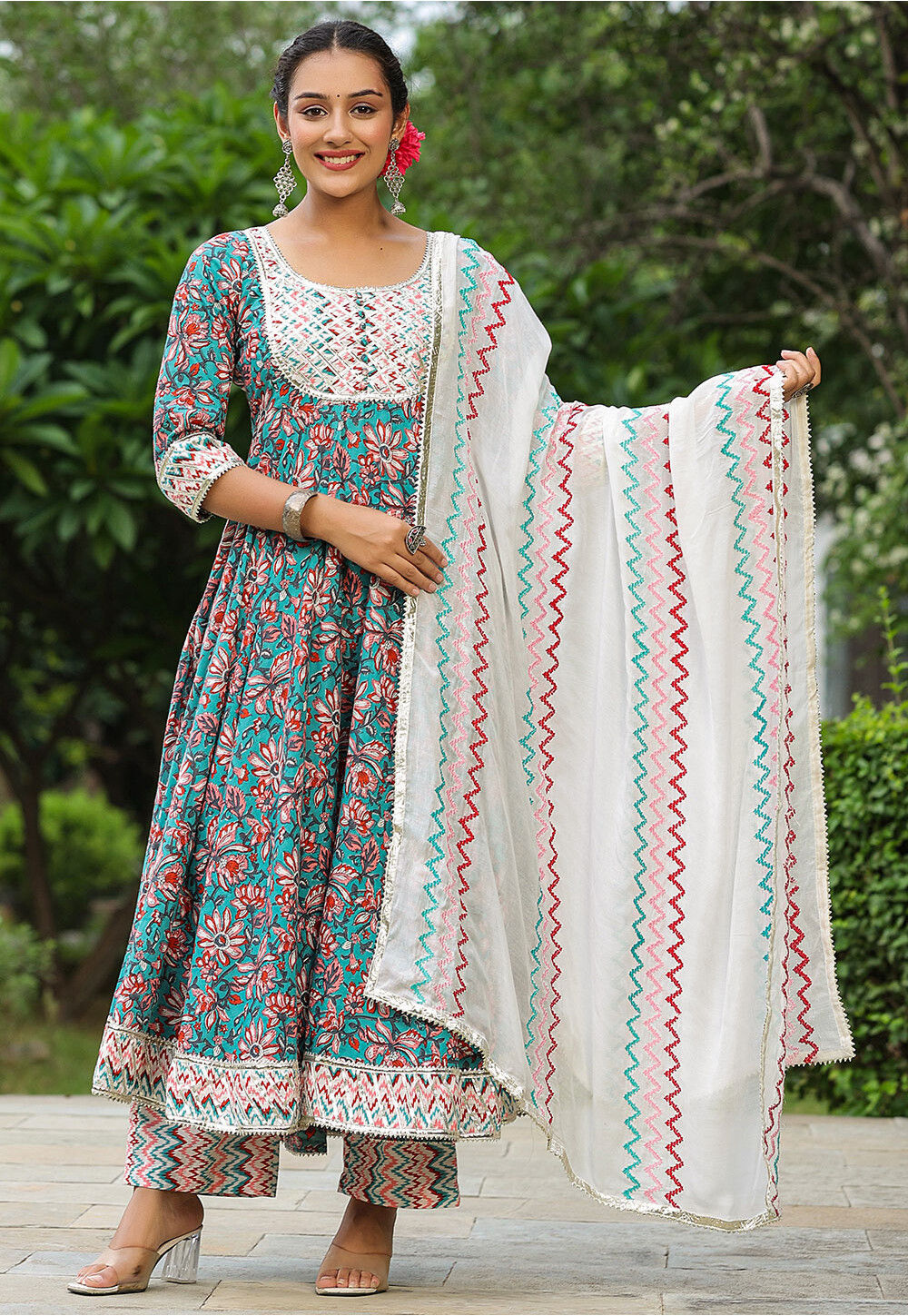 Buy Printed Pure Cotton Aline Suit in Blue Online : KJW338 - Utsav Fashion