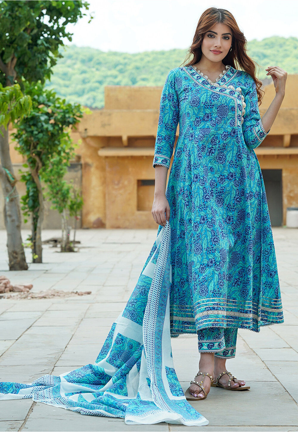 Buy Printed Pure Cotton Aline Suit in Blue Online : KQK26 - Utsav Fashion