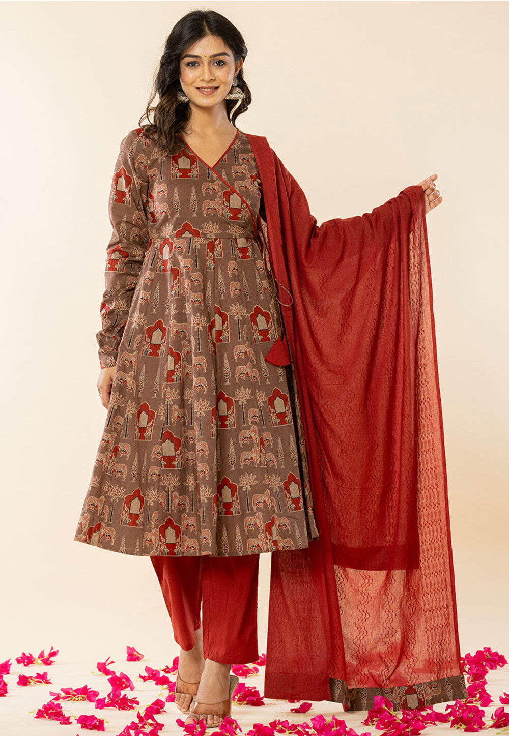 Buy Printed Pure Cotton Aline Suit in Brown Online : KJL1900 - Utsav ...