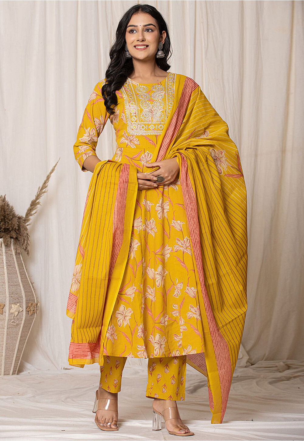 Buy Printed Pure Cotton Aline Suit in Light Mustard Online : KJL1675 ...