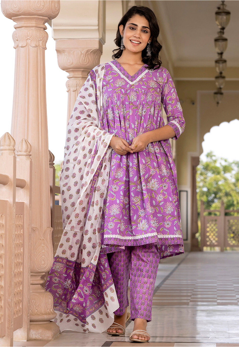 Buy Printed Pure Cotton Aline Suit in Light Purple Online : KXN97 ...
