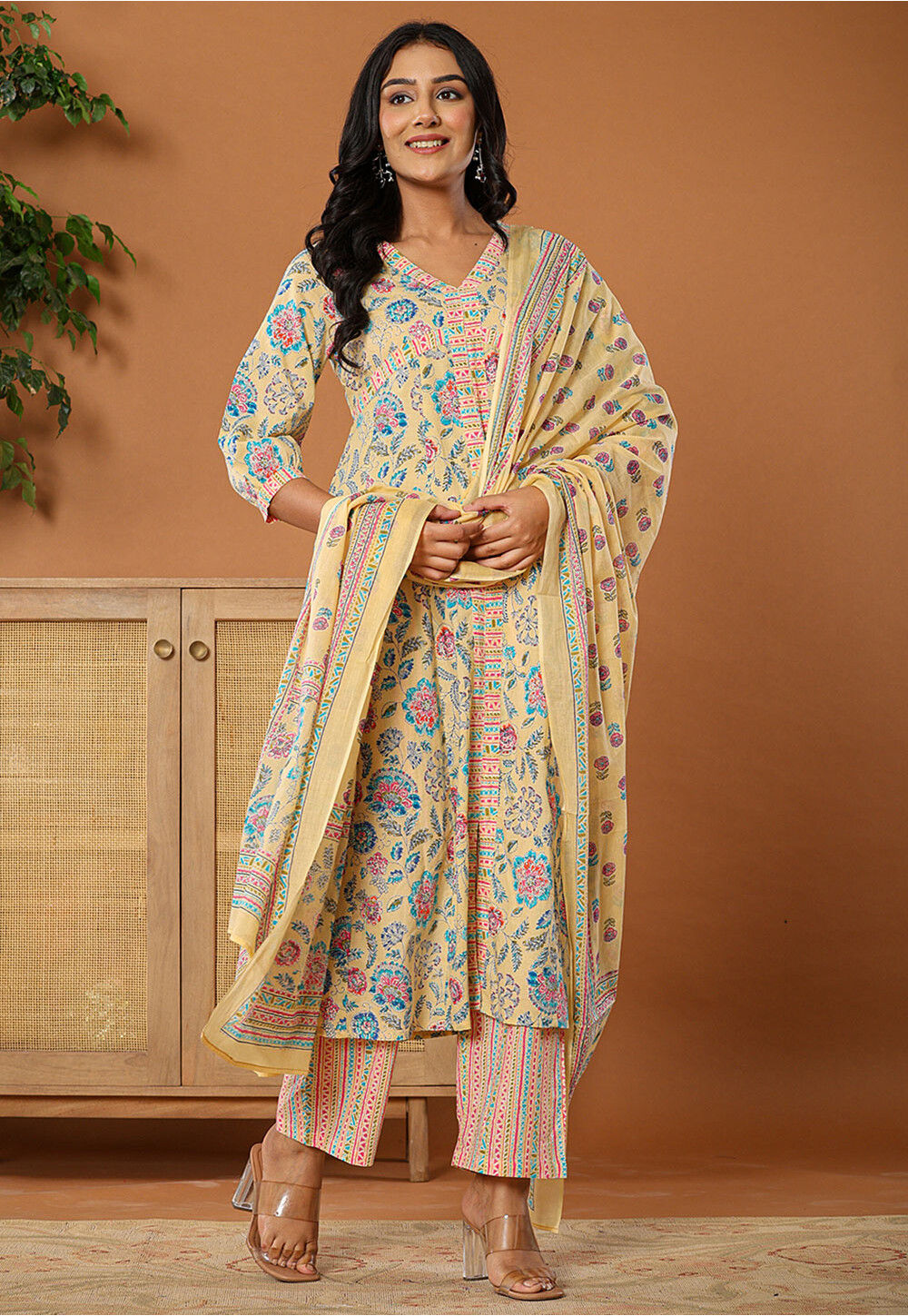Buy Printed Pure Cotton Aline Suit in Light Yellow Online : KJL1832 ...