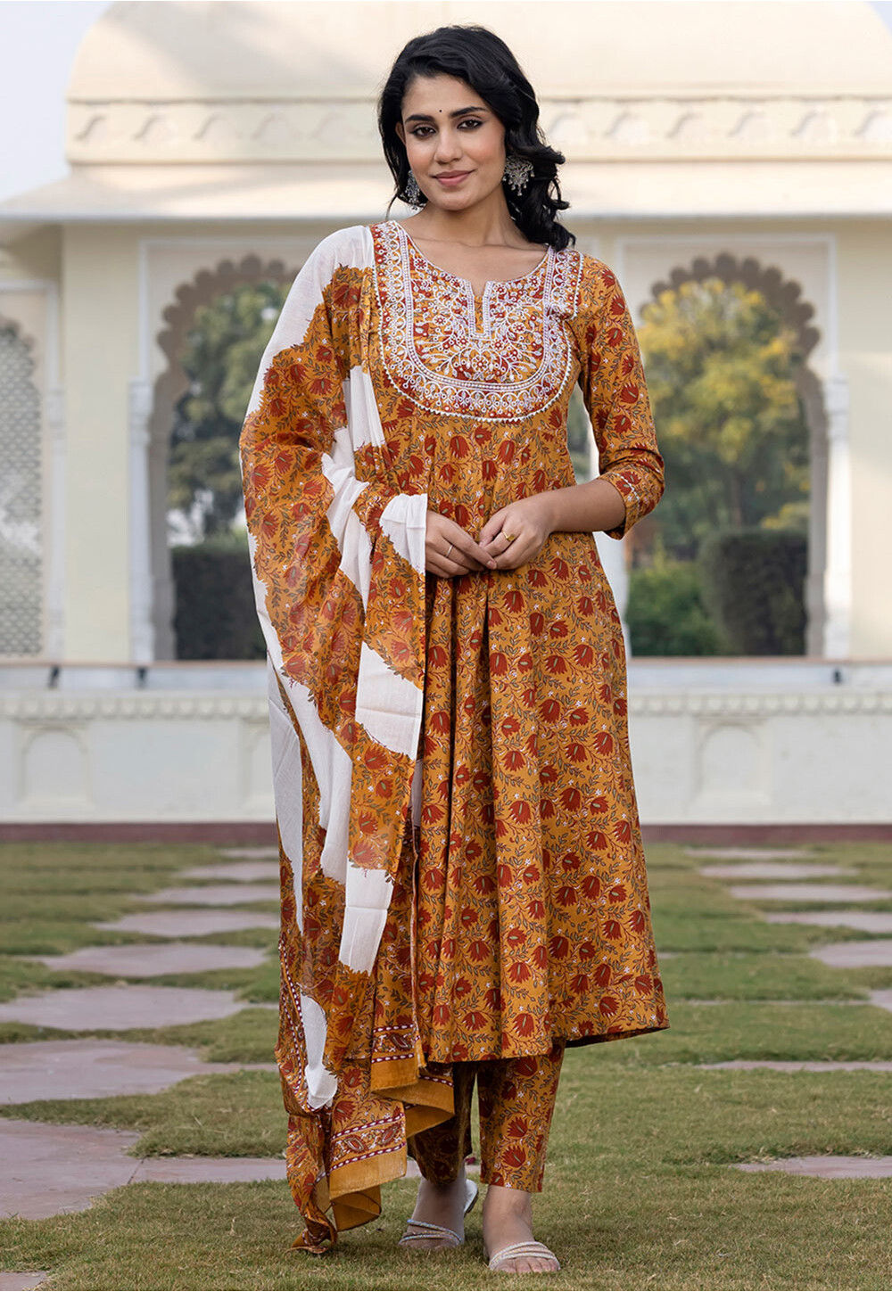 Buy Printed Pure Cotton Aline Suit in Mustard Online : KQK56 - Utsav ...