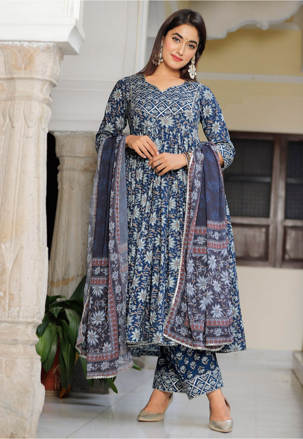 Buy Printed Pure Cotton Aline Suit in Navy Blue Online : KJW261 - Utsav ...