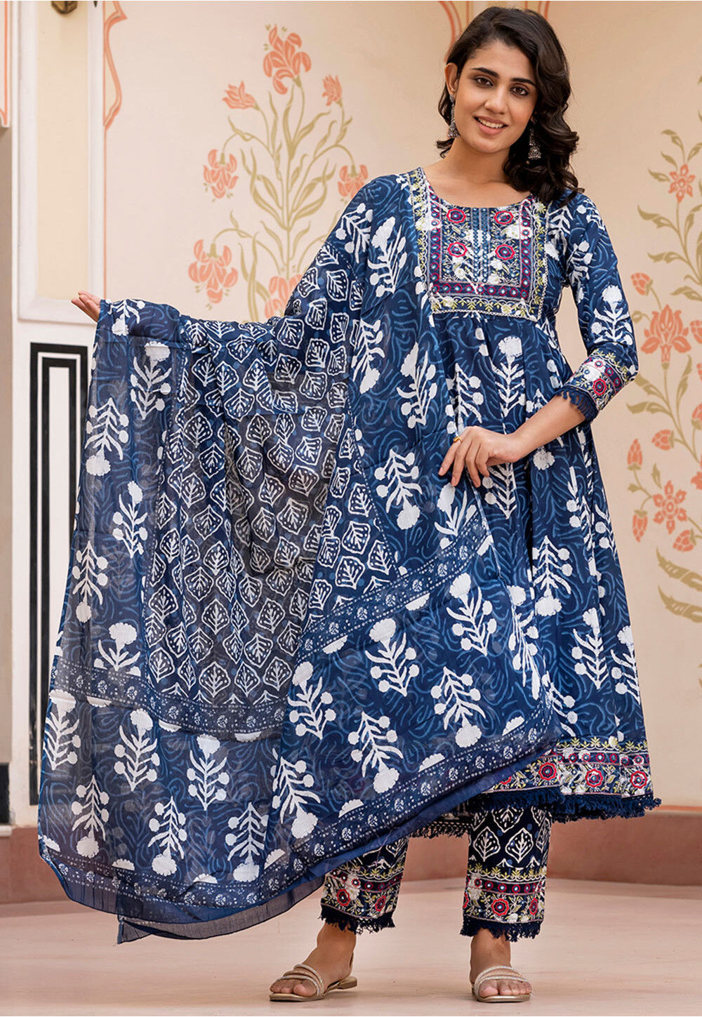 Buy Printed Pure Cotton Aline Suit in Navy Blue Online : KQK52 - Utsav ...