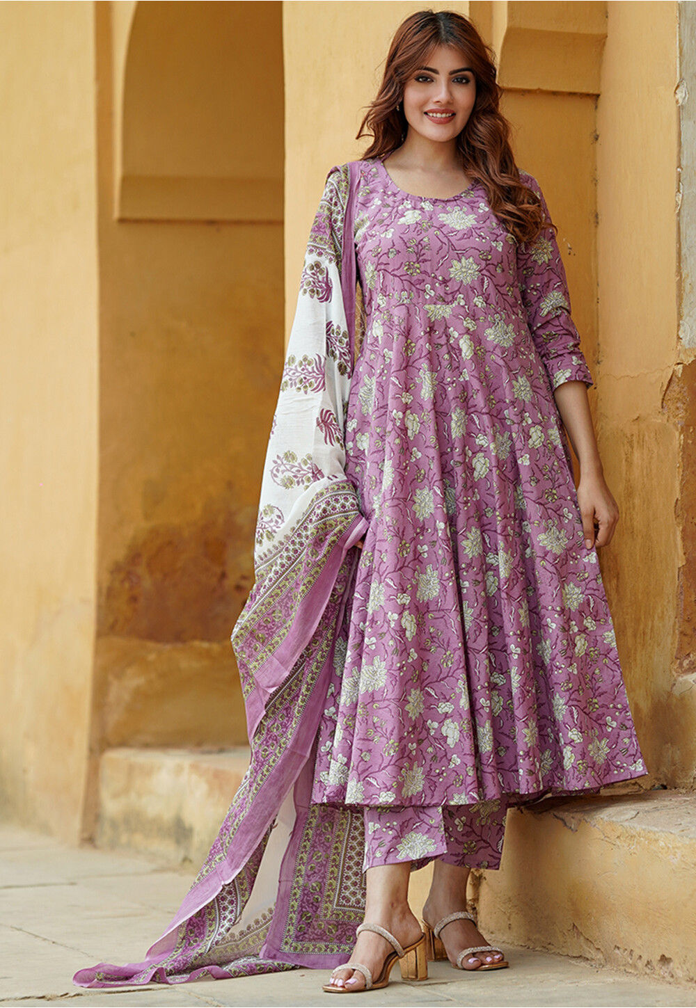 Buy Printed Pure Cotton Aline Suit in Purple Online : KQK29 - Utsav Fashion
