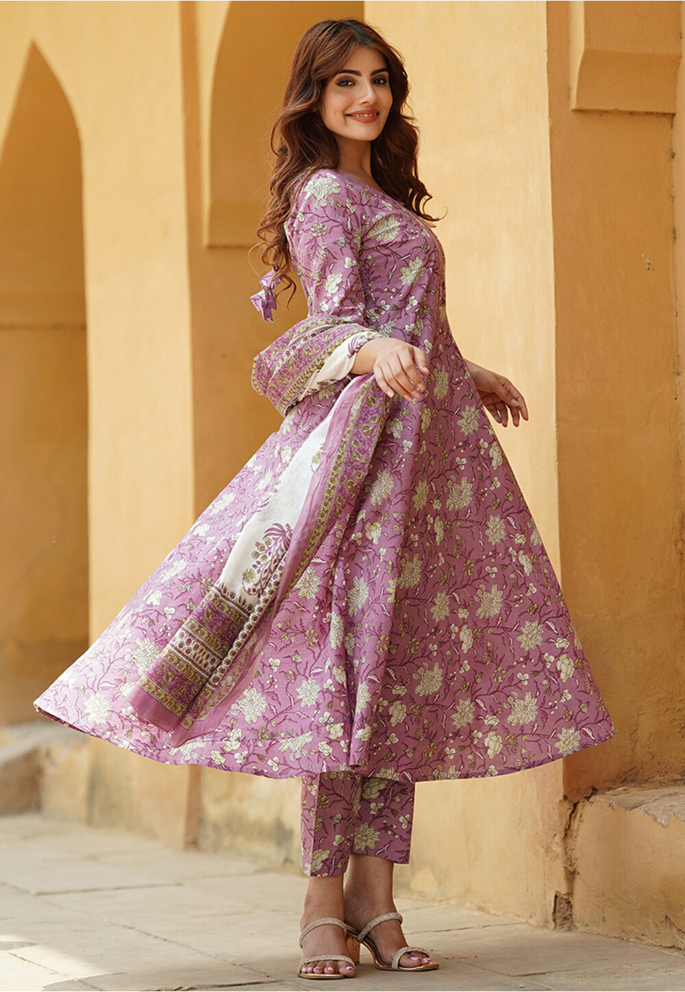 Buy Printed Pure Cotton Aline Suit in Purple Online : KQK29 - Utsav Fashion