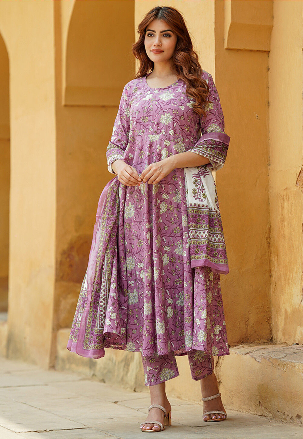 Buy Printed Pure Cotton Aline Suit in Purple Online : KQK29 - Utsav Fashion