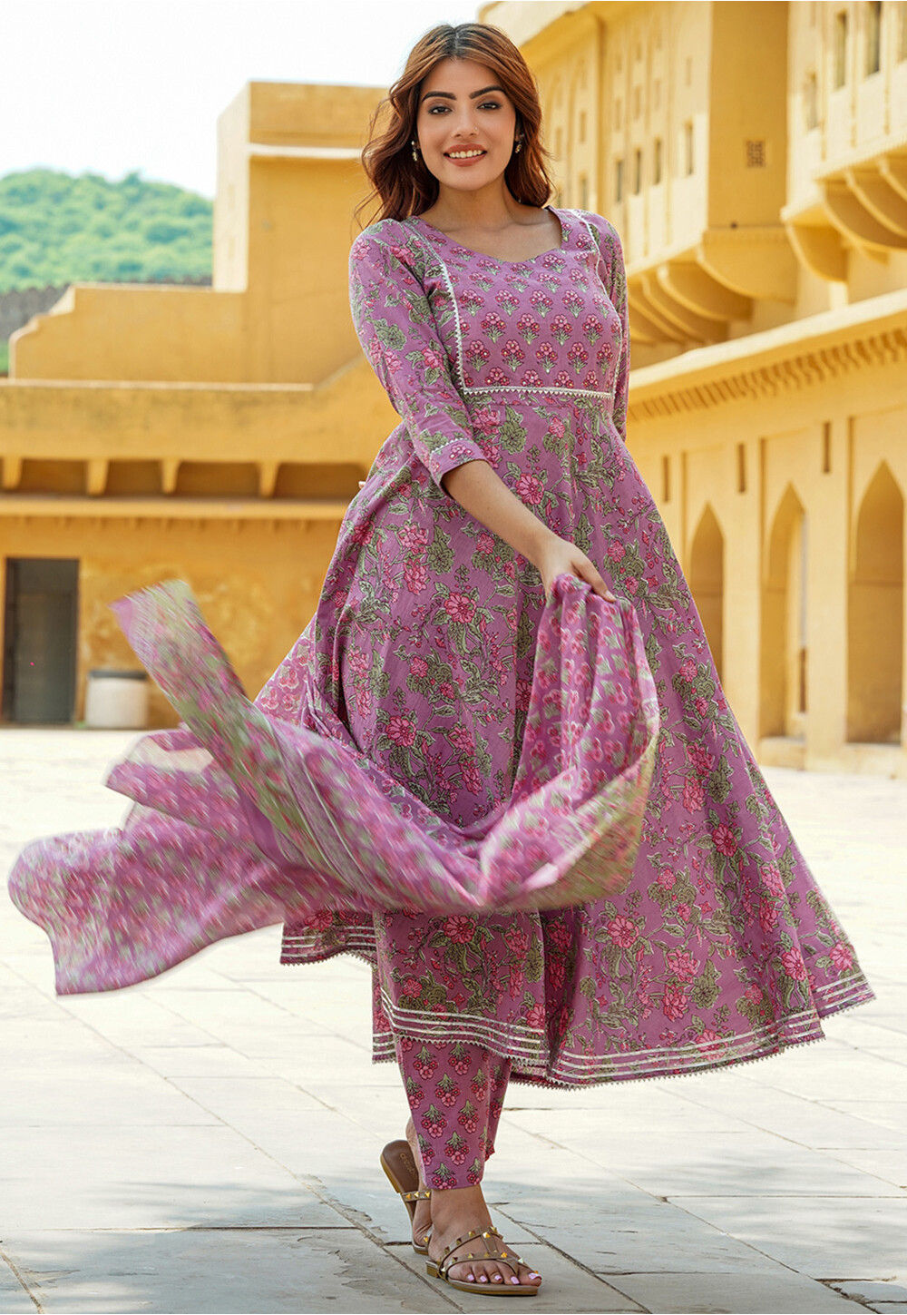 Buy Printed Pure Cotton Aline Suit in Purple Online : KQK30 - Utsav Fashion