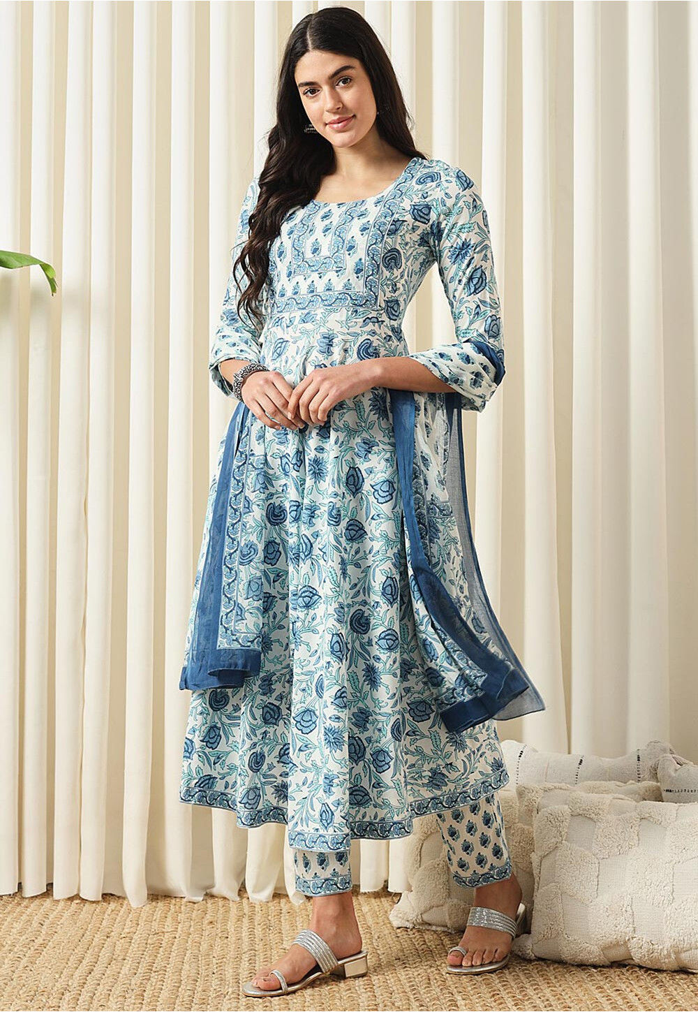 Buy Printed Pure Cotton Aline Suit in White and Blue Online : KPX144 ...