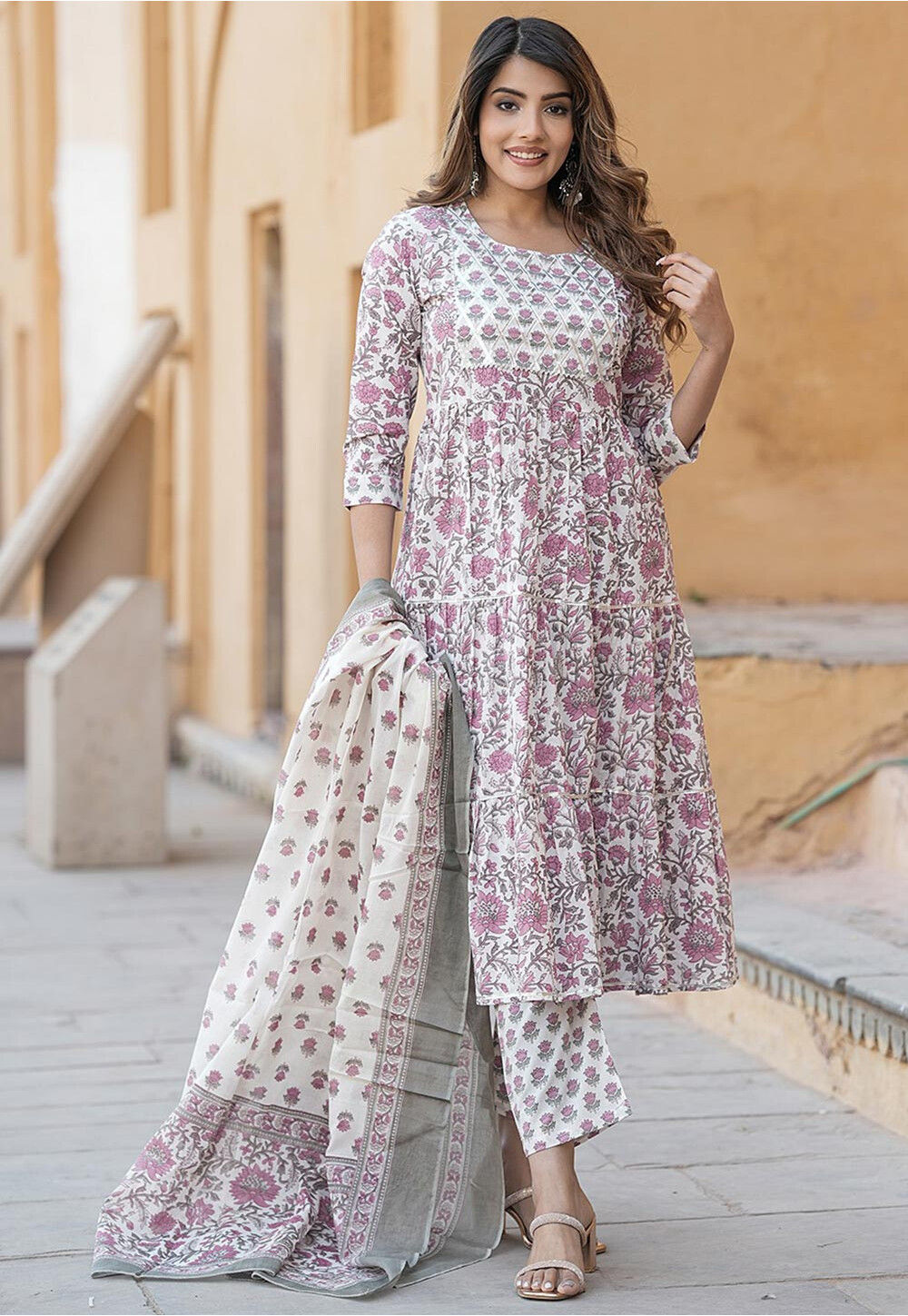 Buy Printed Pure Cotton Aline Suit in White and Purple Online : KPX145 ...